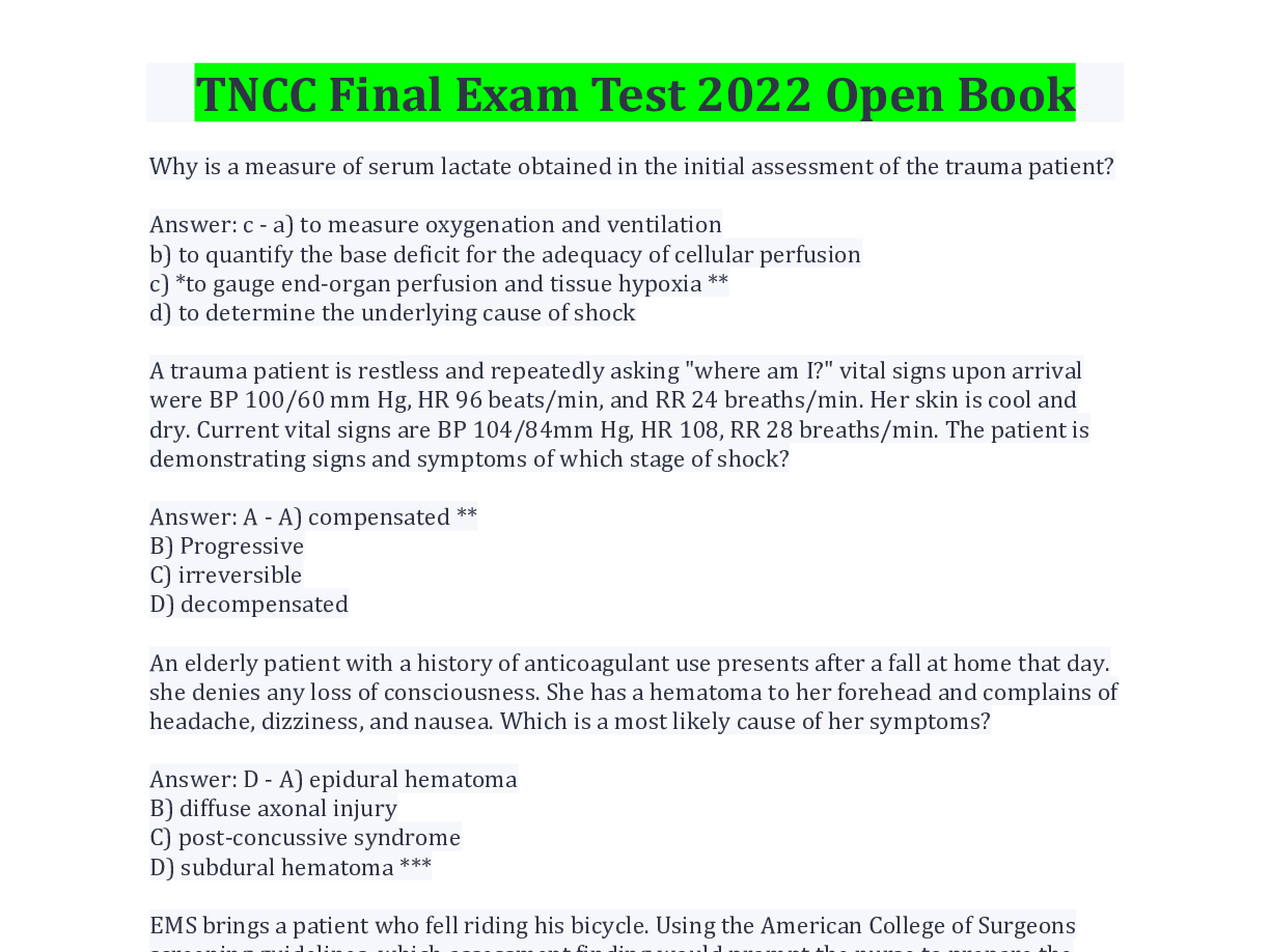TNCC Final Exam Test 2022 23 Open Book 50 Q A Scored 100 Teaching TNCC Final Exam Test 2022 23 Open Book 50 Q A Scored 100 Teaching