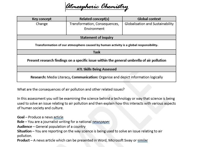 IBMYP Atmospheric Chemistry Summative Assessment Crit. D | Teaching ...