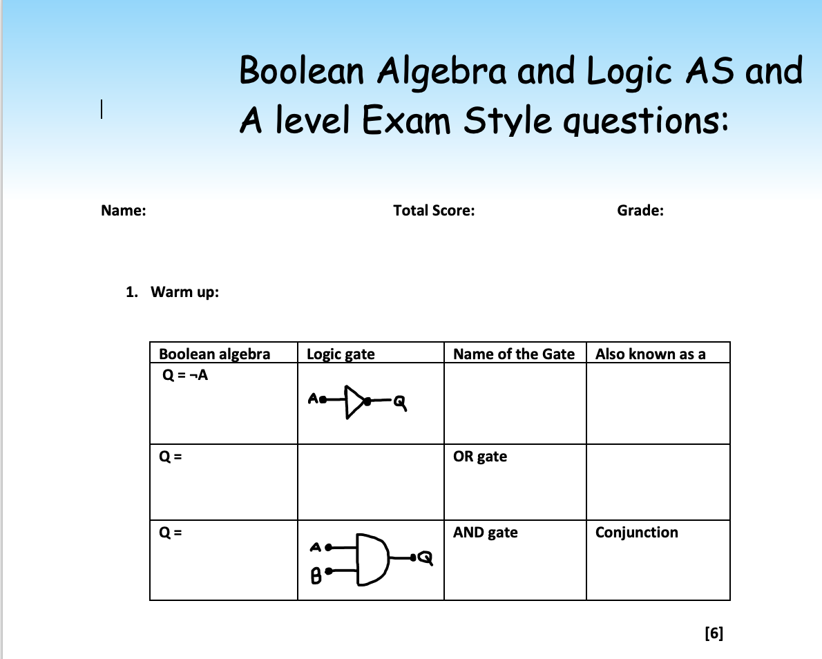 Boolean Algebra And Logic Exam Style Questions Computer Science AS A