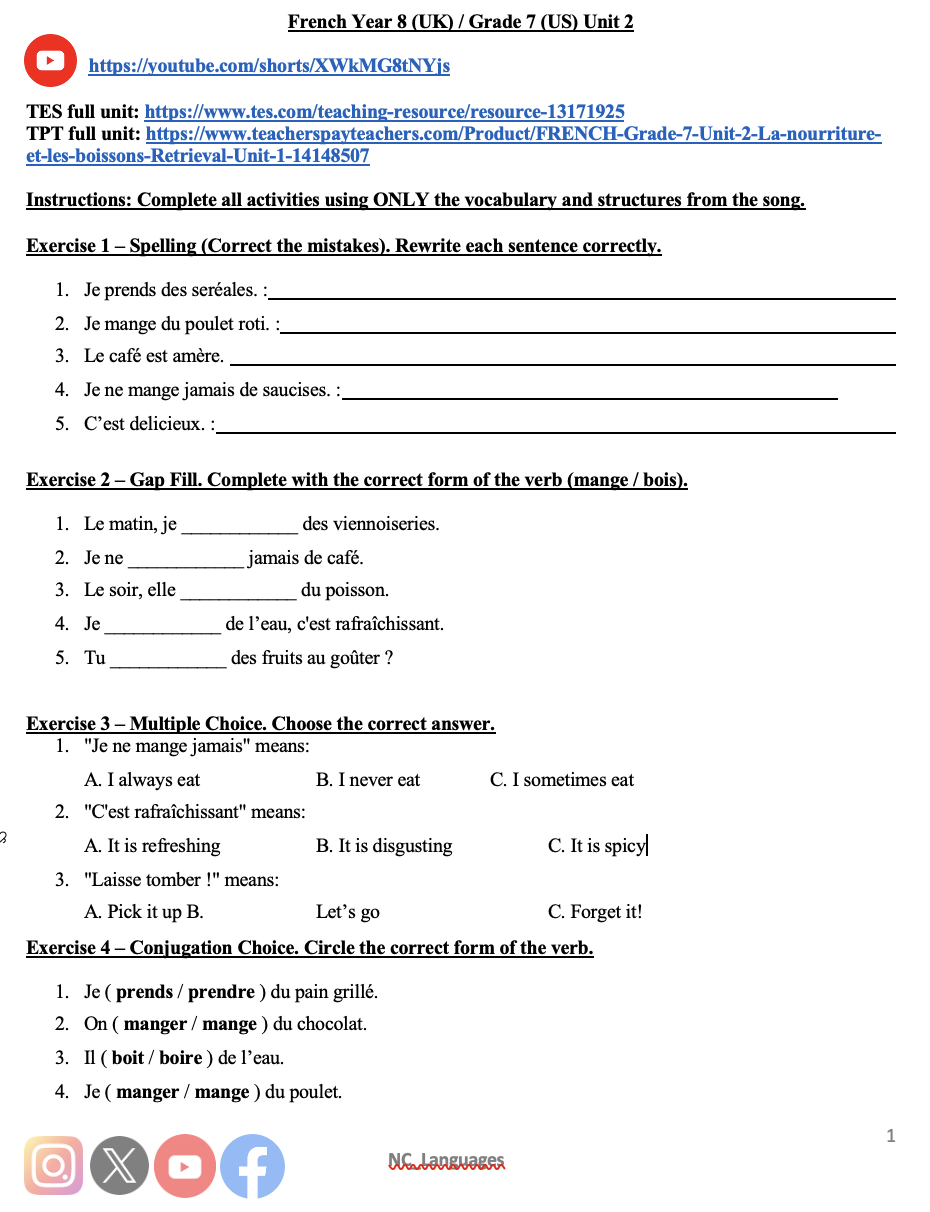 02. FRENCH SONG Year 8. Unit 2: Qu'-est-ce que tu prends au déjeuner ...