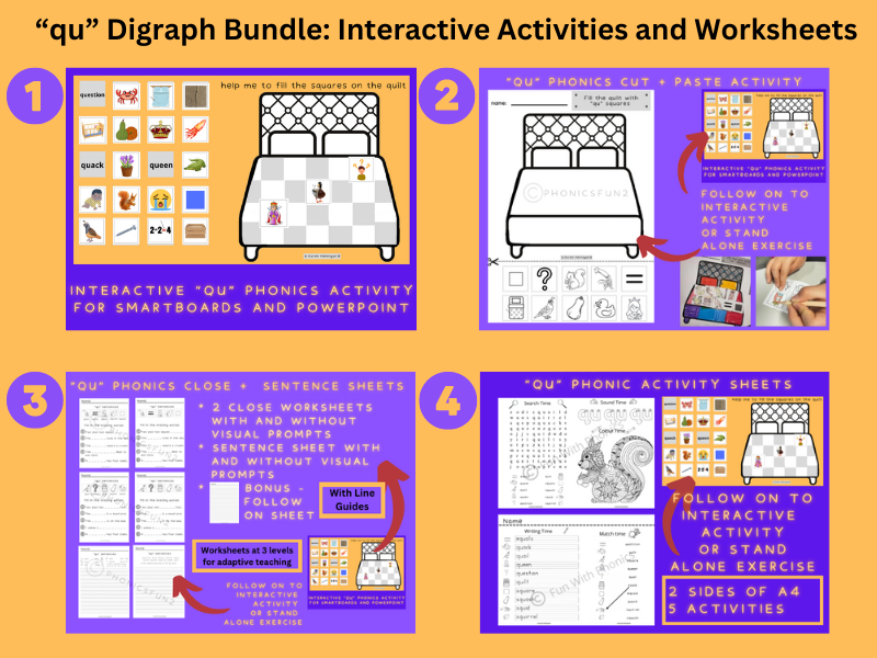 "Qu" Digraph Smartboard Activity and Follow on Worksheets | Teaching ...