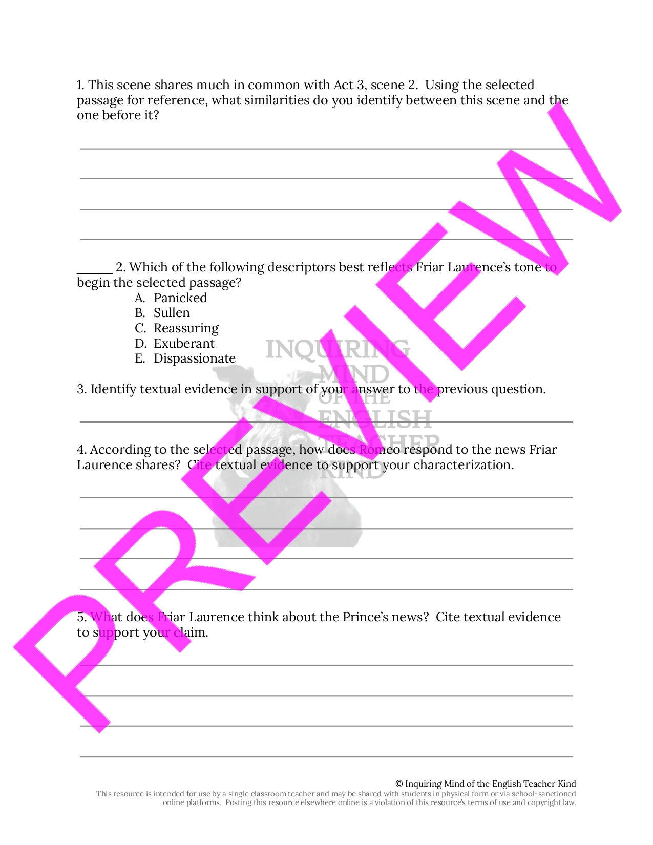 Romeo and Juliet Act 3 Scene 3 Close Reading Worksheet | Teaching Resources