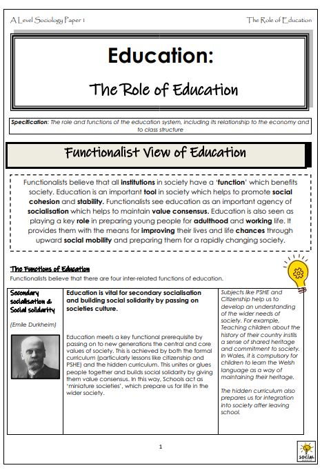 AQA A level Sociology - Education - Functionalist and New Right View of ...