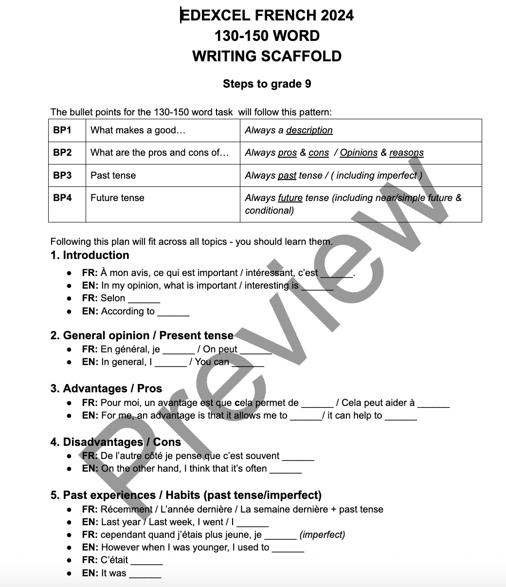 EDEXCEL GCSE French 2024 - 130-150 word writing - Steps to grade 9 ...
