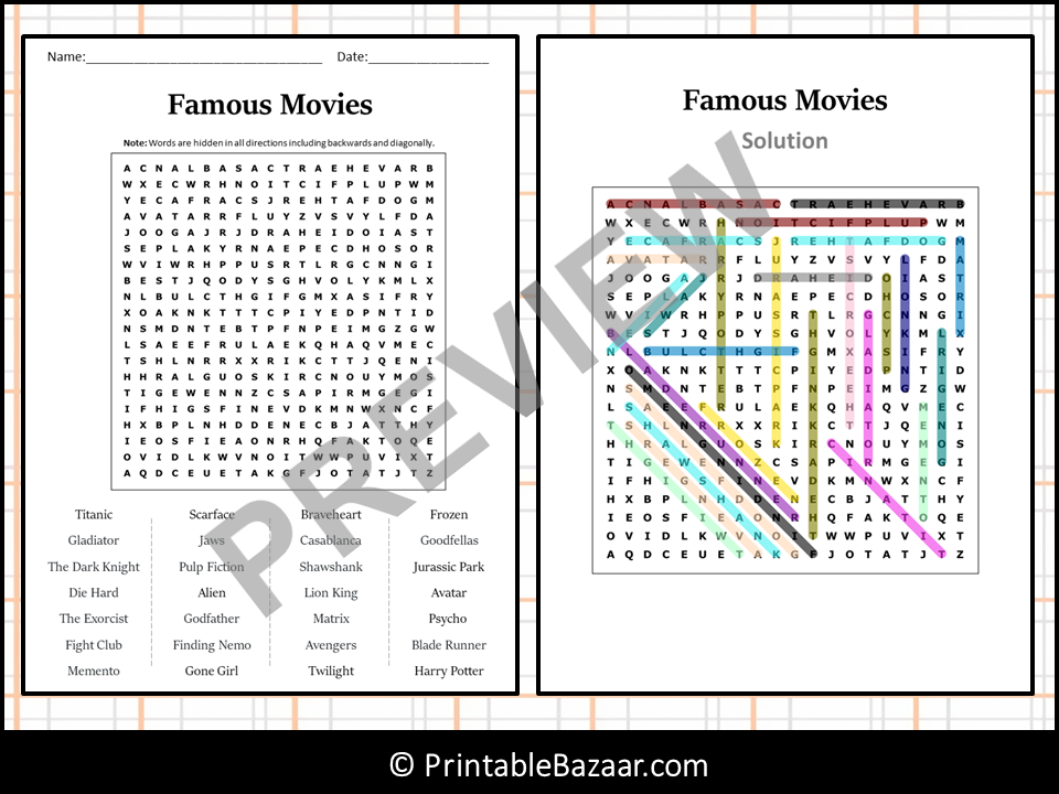 Famous Movies Word Search Puzzle Worksheet Activity | Teaching Resources