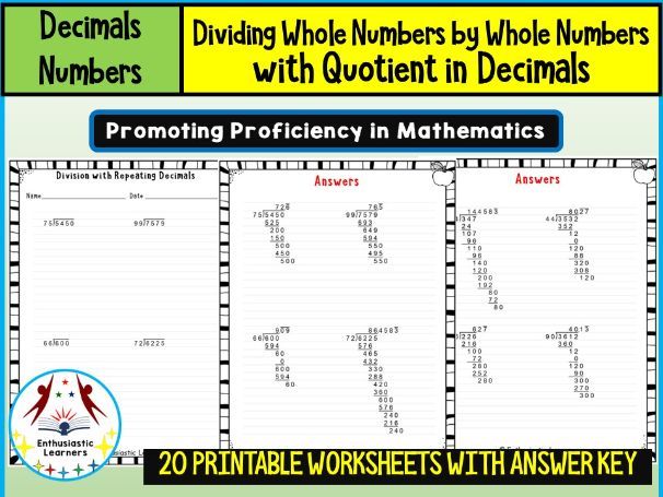 Whole Number Division with Decimal Quotient Worksheets Math Problems ...
