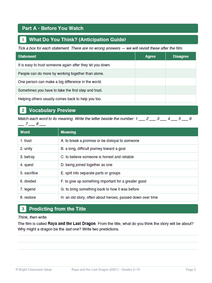 'Raya and the Last Dragon' Lesson Plan & Worksheets | Grades 3 - 10 ...