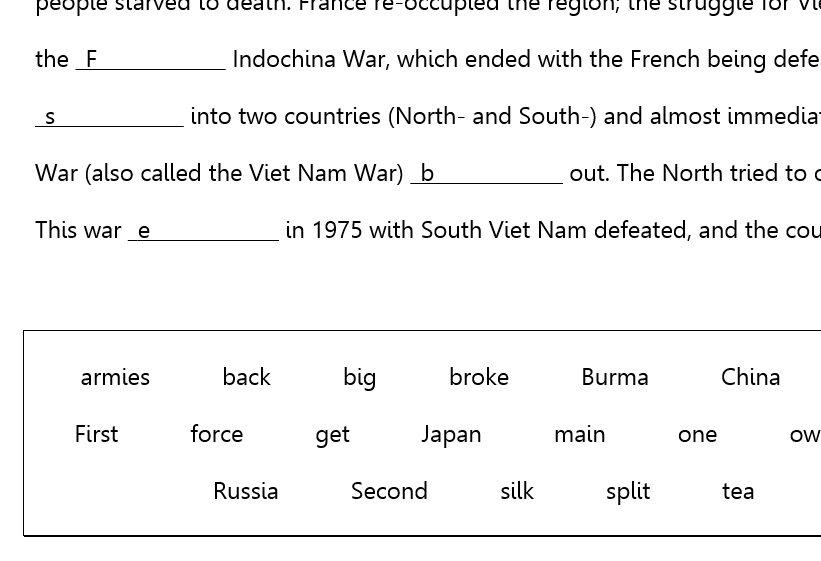 French Indochina: cloze sheets, differentiated x4. | Teaching Resources