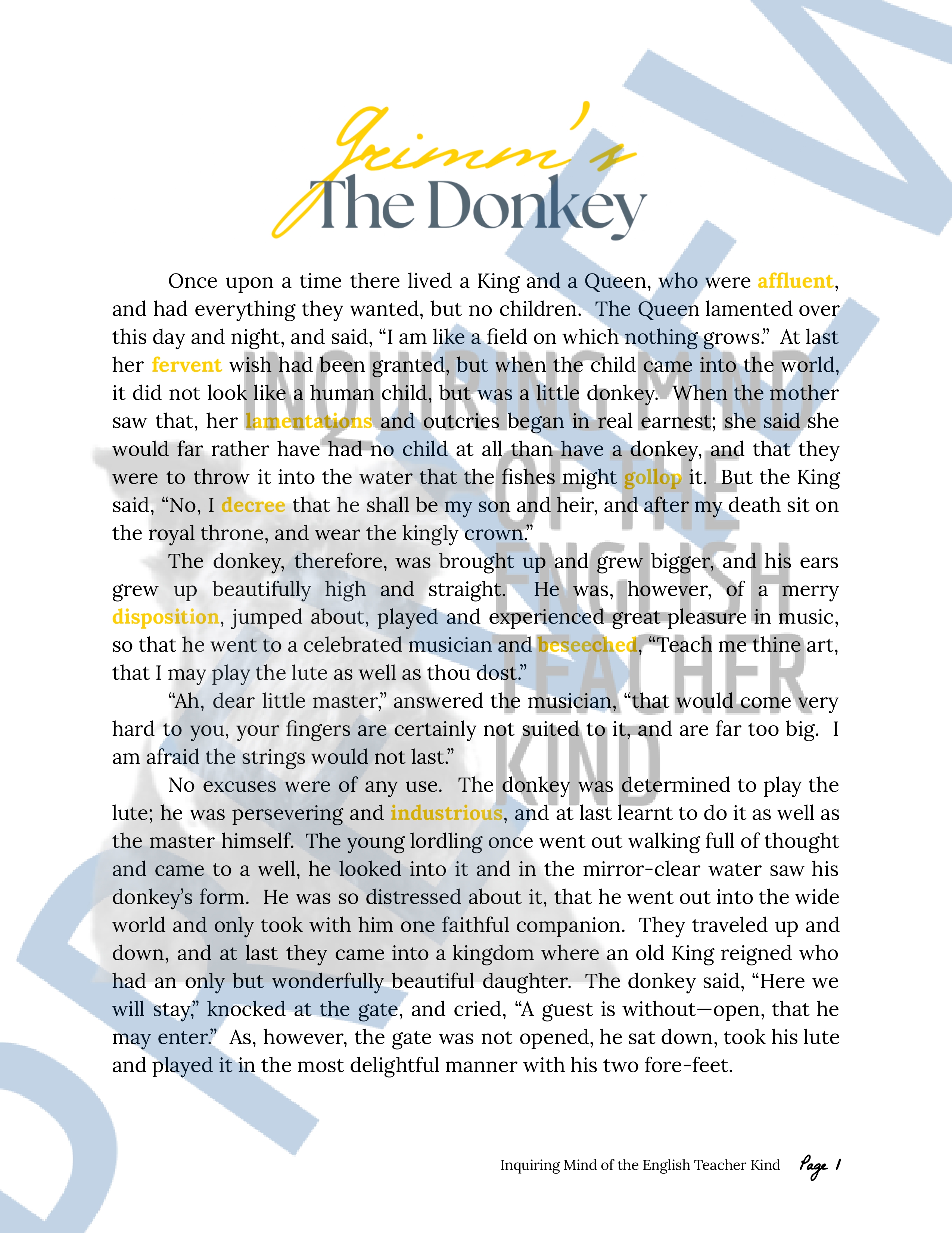 "The Donkey" Close Reading Analysis Worksheet | Grimm's Fairy Tale ...