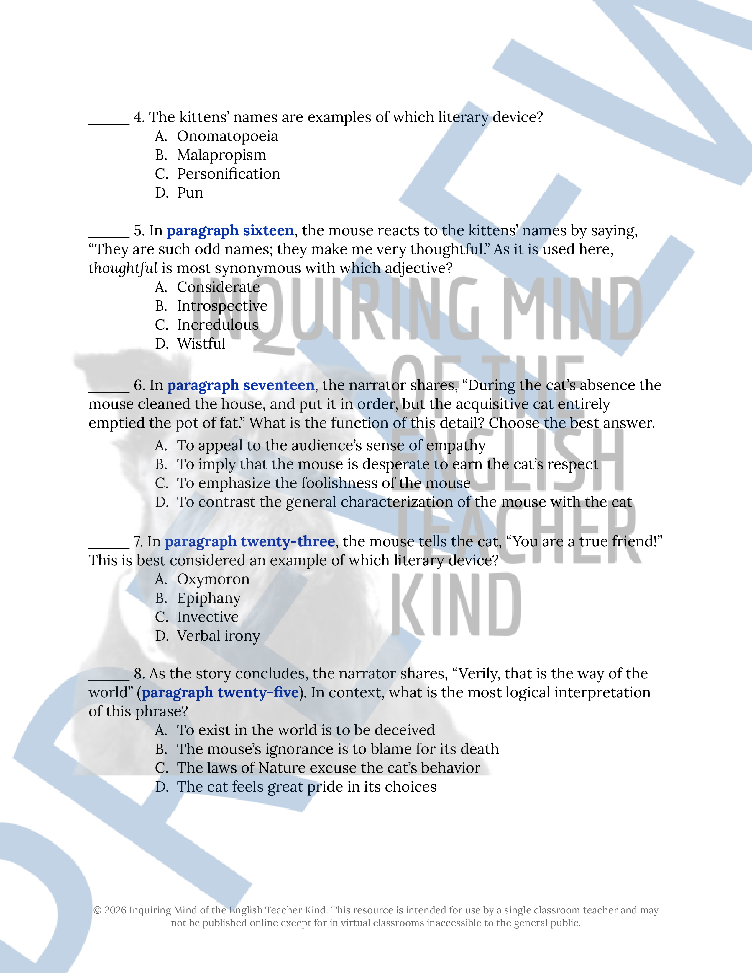 "Cat and Mouse in Partnership" Close Reading Worksheet | Brothers Grimm ...