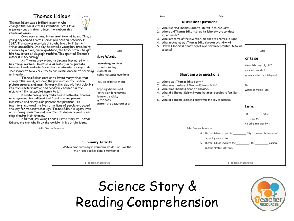 Thomas Edison Reading Science Story Comprehension Questions Worksheet ...