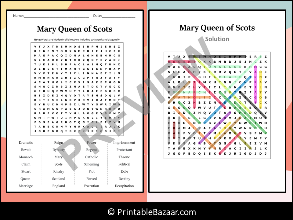 Mary Queen of Scots Word Search Puzzle Worksheet Activity | Teaching ...