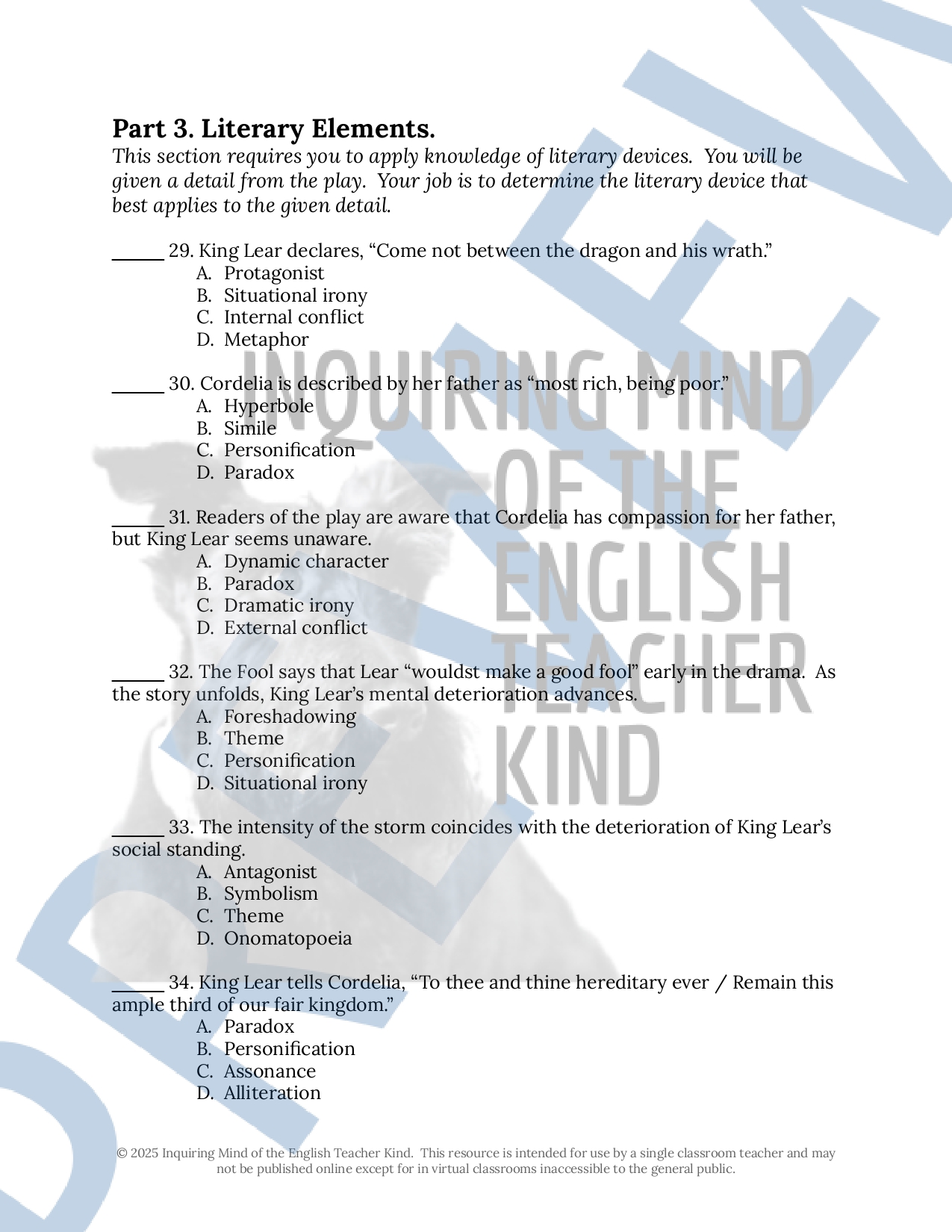 King Lear Test and Answer Key with Thematic Analysis Essay and Rubric ...