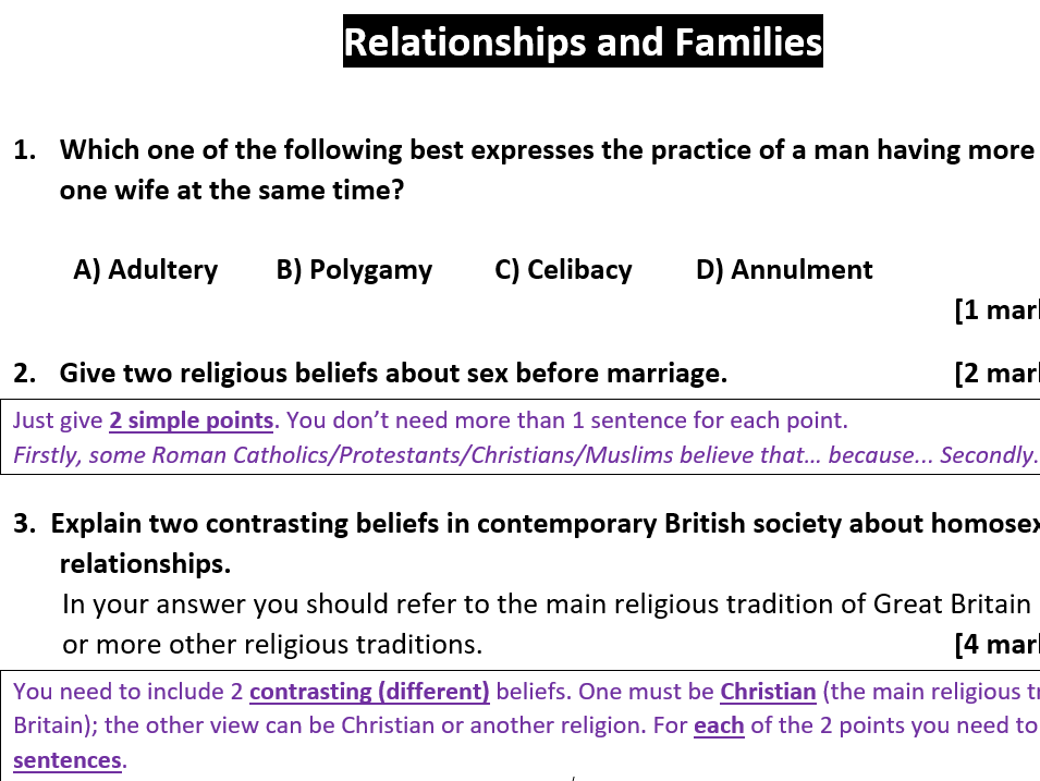 AQA Relationships Exam/Assessment/Test, Peer Mark Criteria, Mark Scheme ...