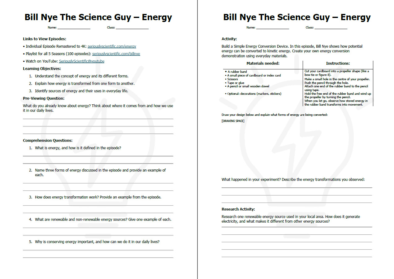 Bill Nye The Science Guy | Energy | 4K | Worksheet | Teaching Resources