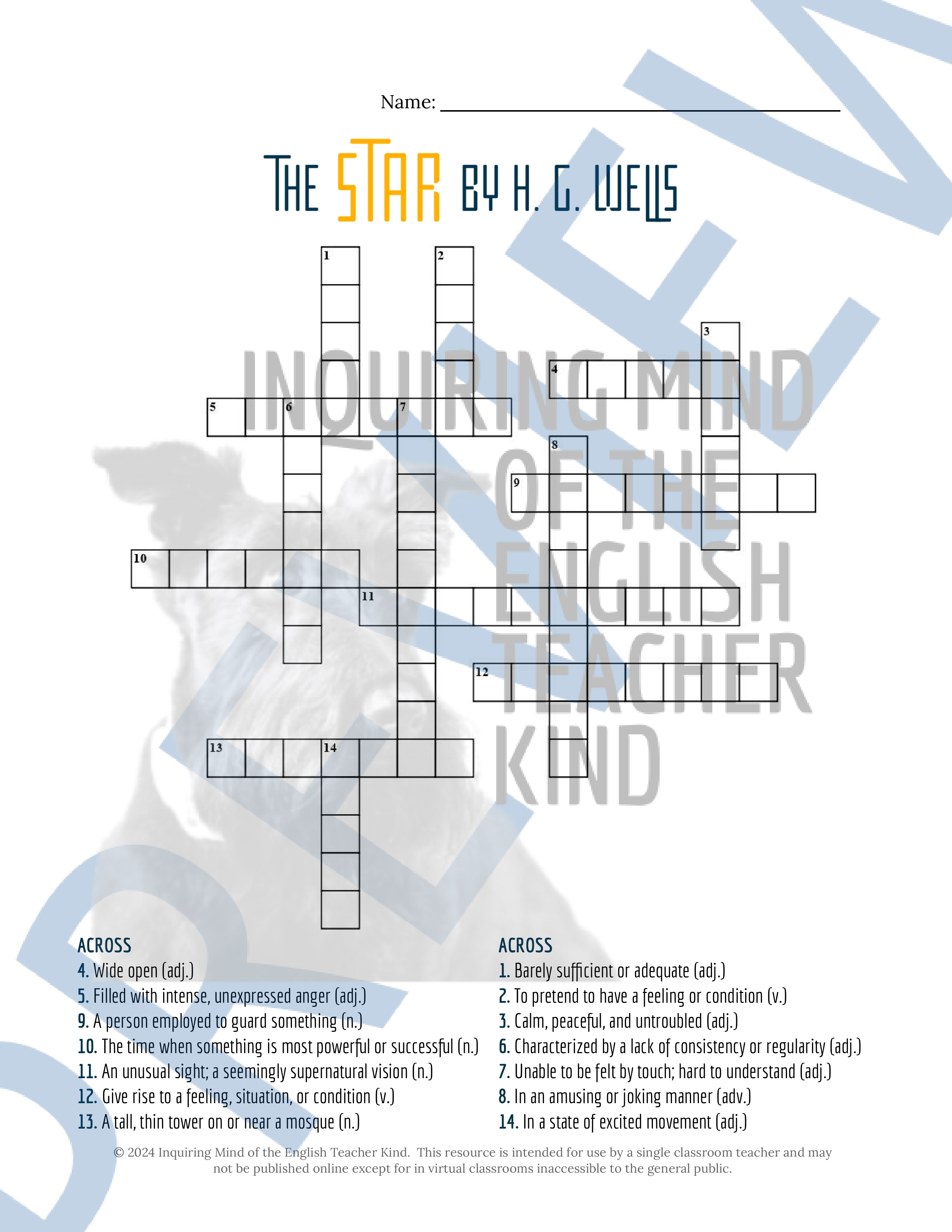"The Star" by H. G. Wells Vocabulary Activities | Crossword Puzzle ...