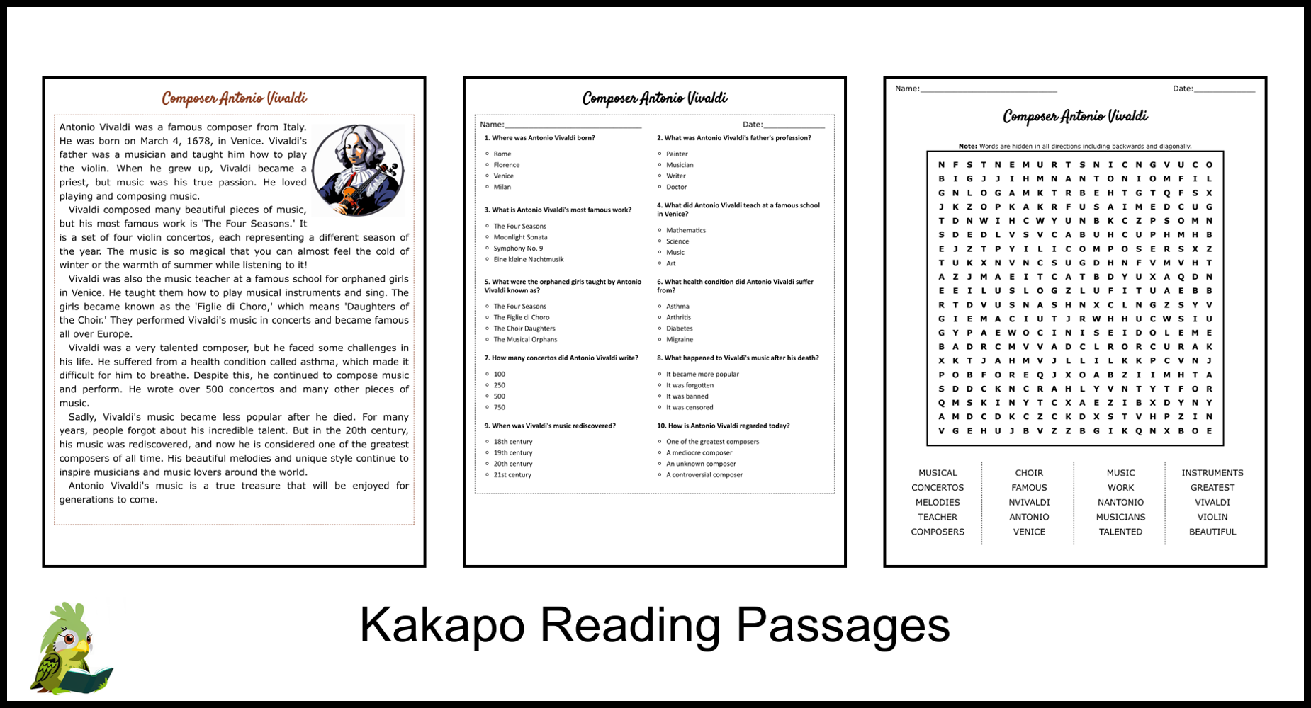 Composer Antonio Vivaldi Reading Comprehension and Word Search ...