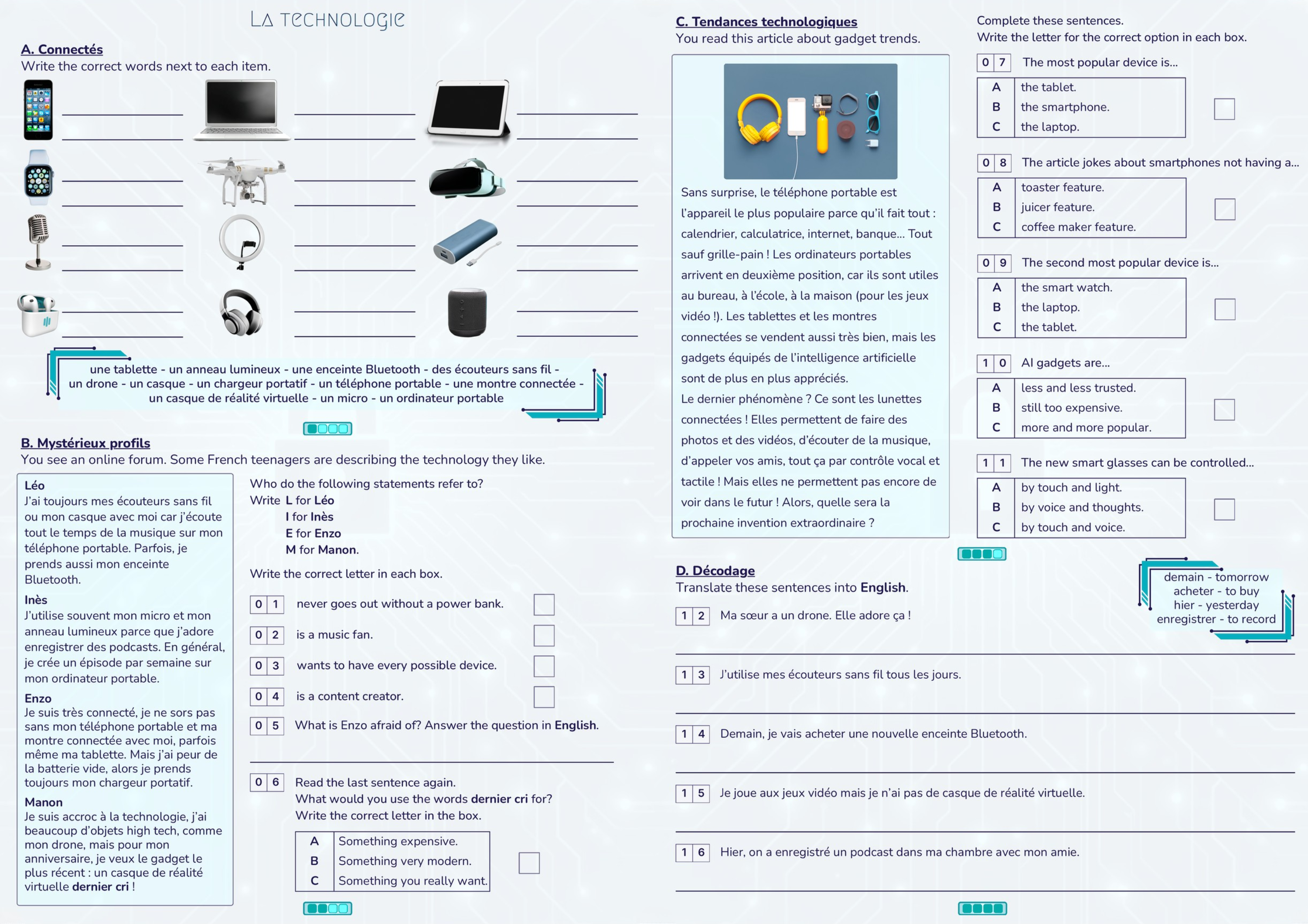 La technologie – Technology in French – KS3 worksheet | Teaching Resources
