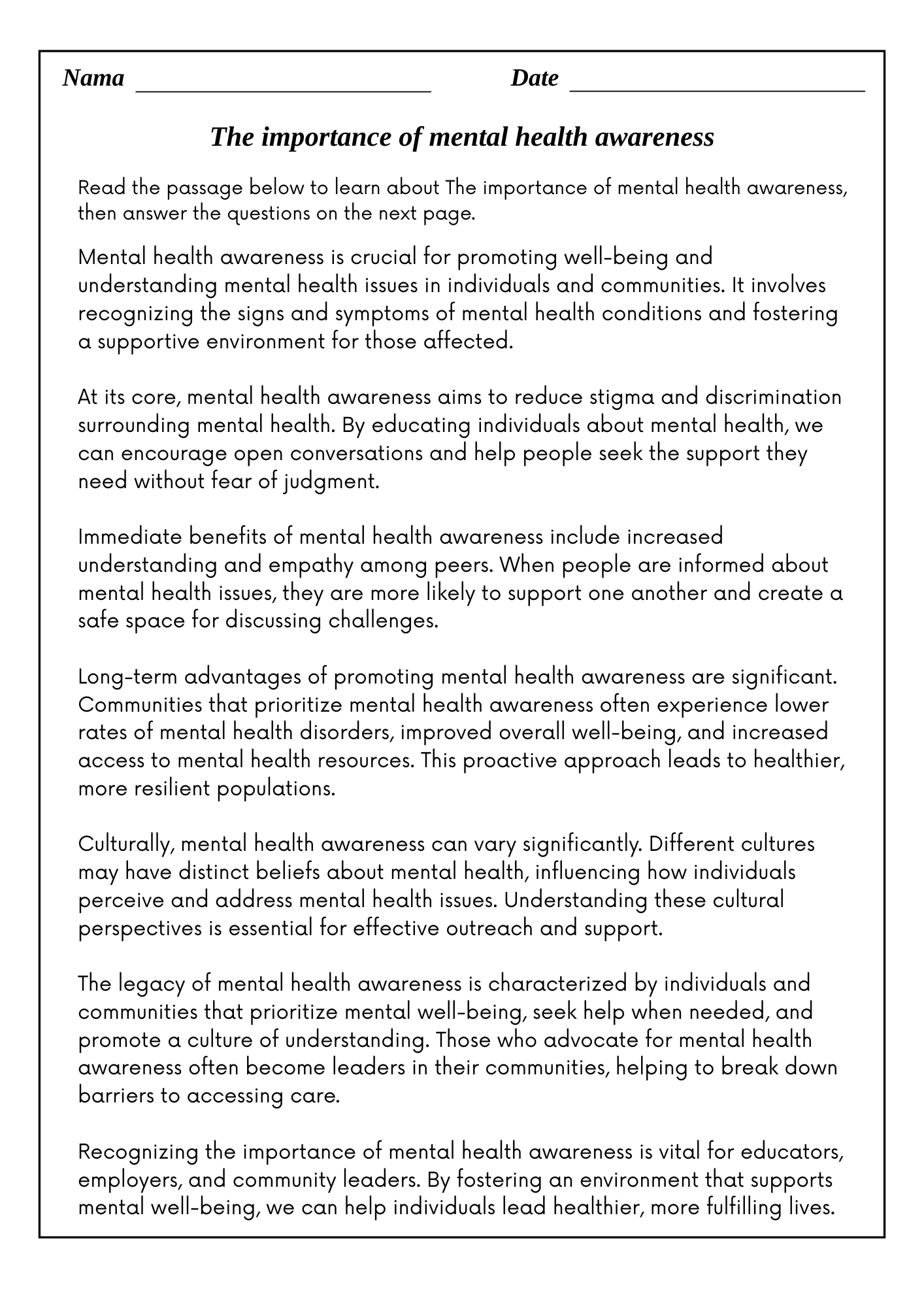 Mental Health Awareness Reading Comprehension Passages & Questions ...