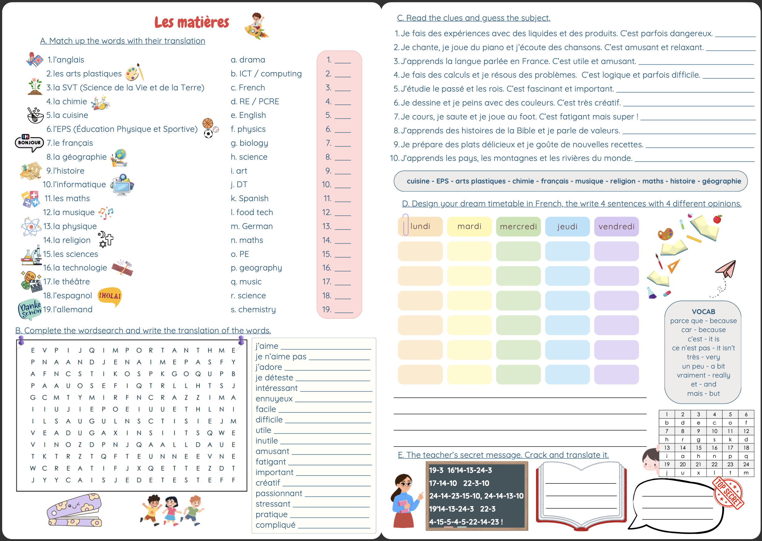 Les matières – School subjects in French – KS3 worksheet | Teaching ...