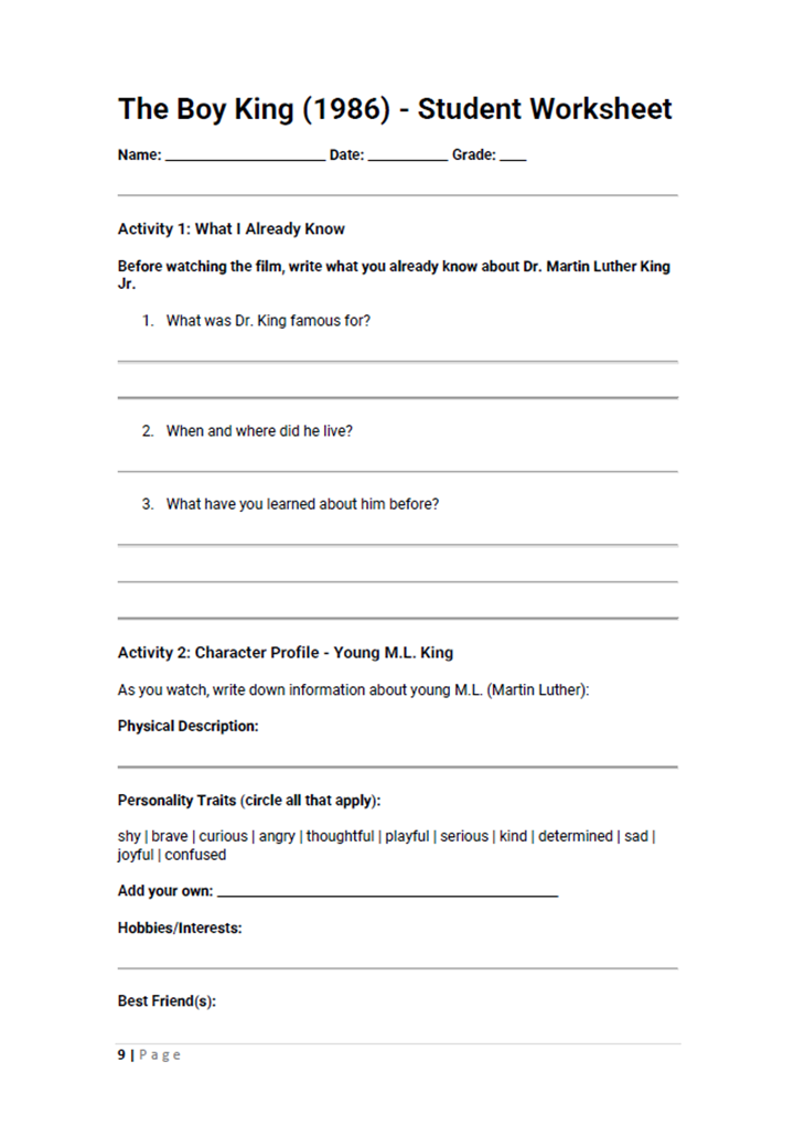The Boy King (1986) – Martin Luther King Jr. 120' Lesson & Worksheet ...