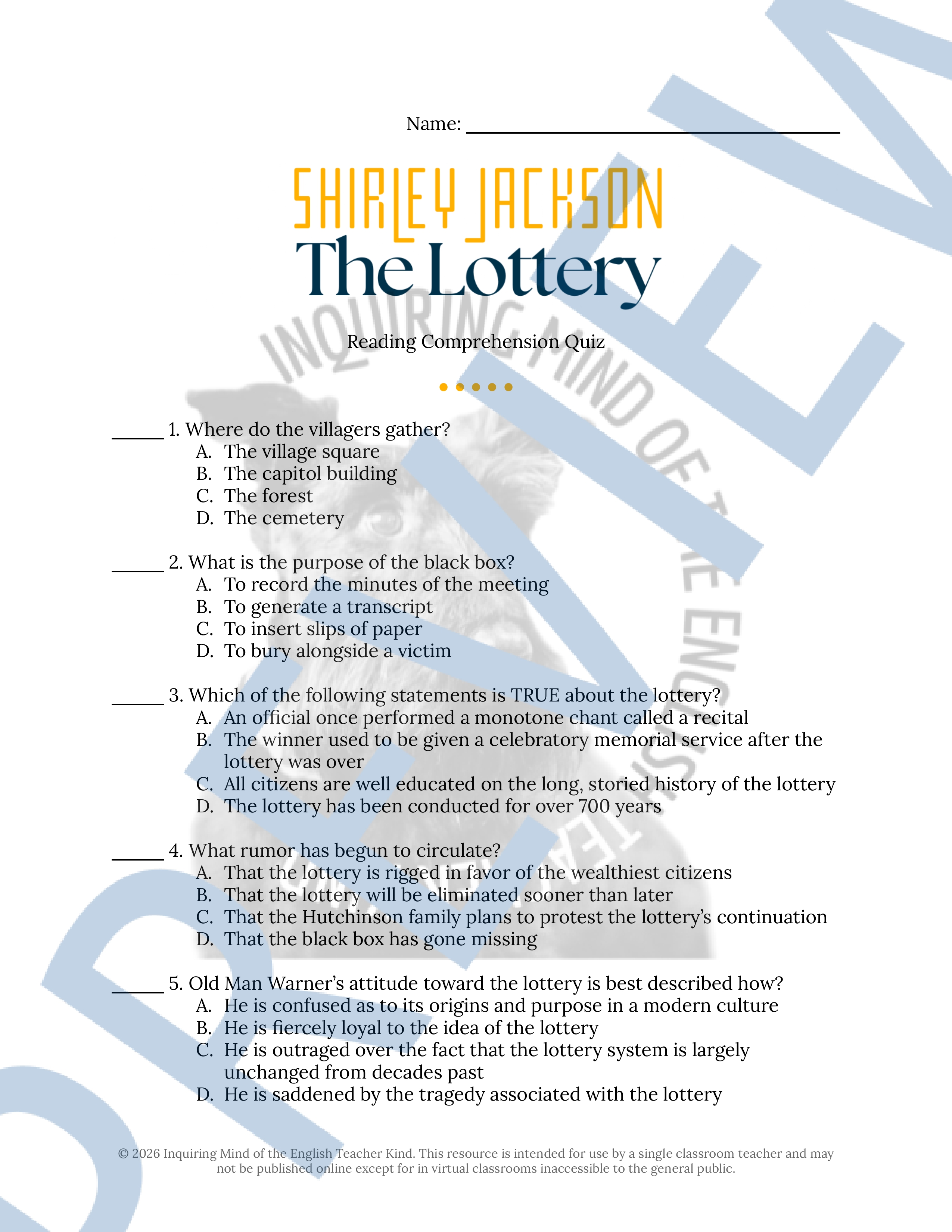 "The Lottery" by Shirley Jackson Quizzes and Answer Keys | Teaching ...