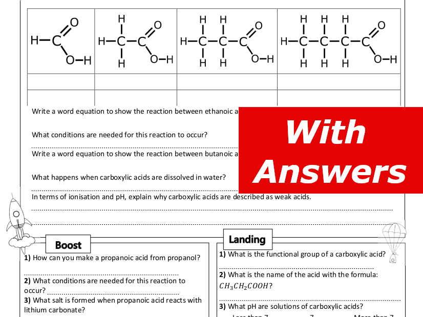 Carboxylic Acids Home Learning Worksheet GCSE Teaching Resources