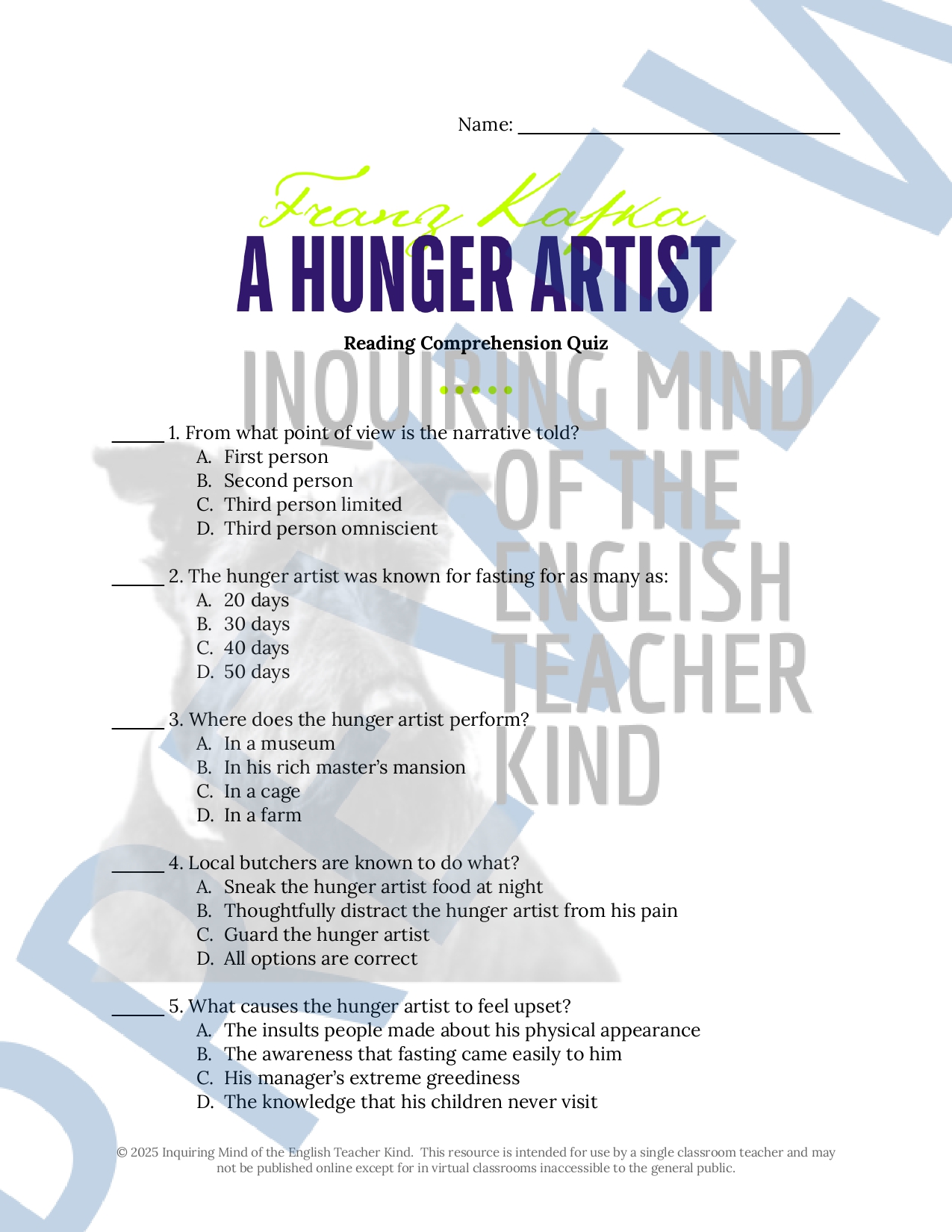"A Hunger Artist" by Franz Kafka Quiz and Answer Key | Teaching Resources