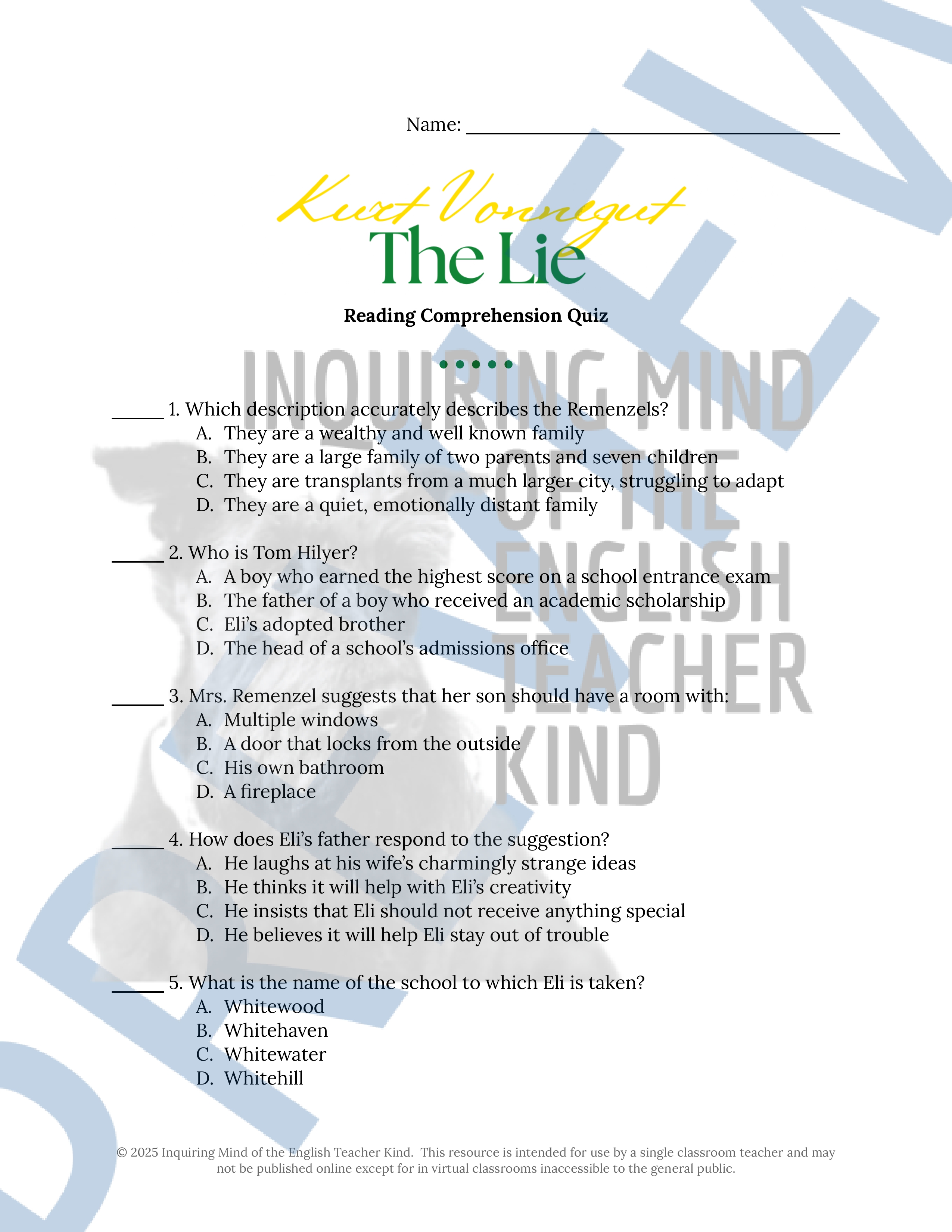 "The Lie" by Kurt Vonnegut Quiz and Answer Key | Teaching Resources