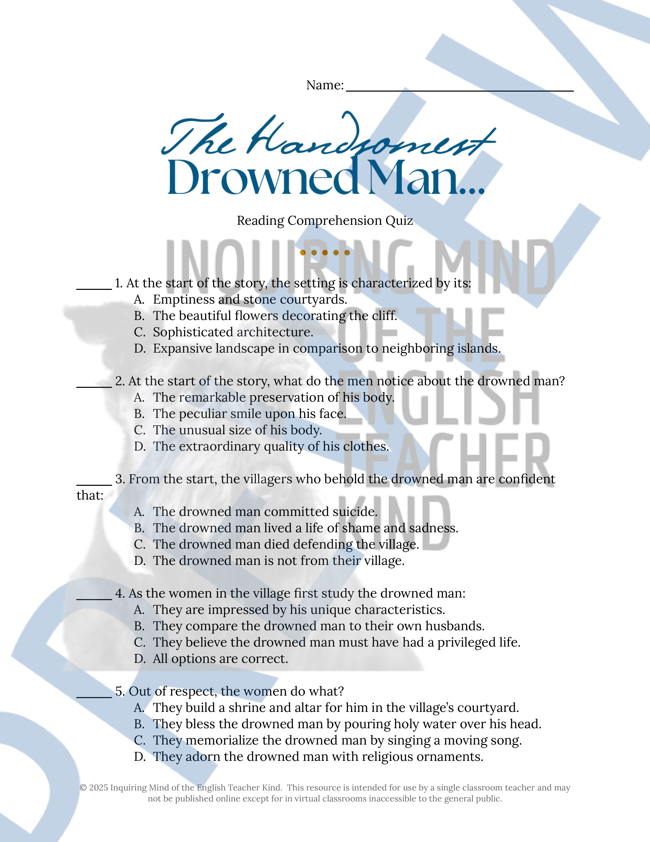 "The Handsomest Drowned Man in the World" Quiz and Answer Key ...