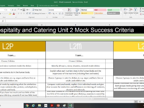 WJEC Hospitality & Catering UNIT 2 Mock Coursework Success Criteria ...