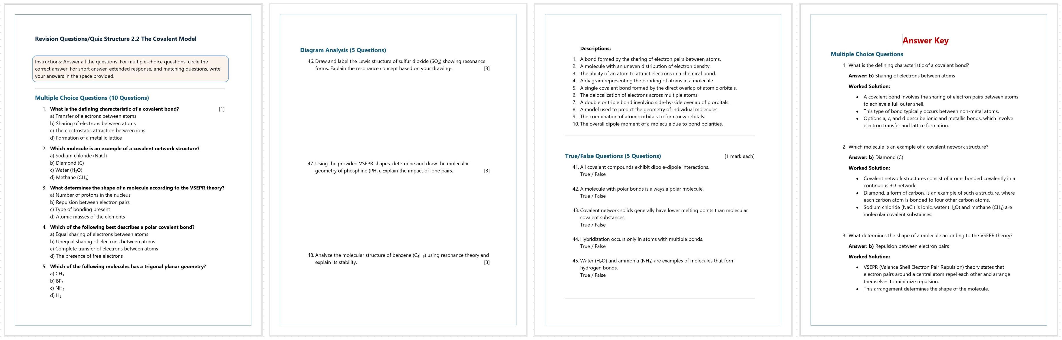 IB DP Chemistry S2.2: The Covalent Model Quiz & Revision Worksheets ...