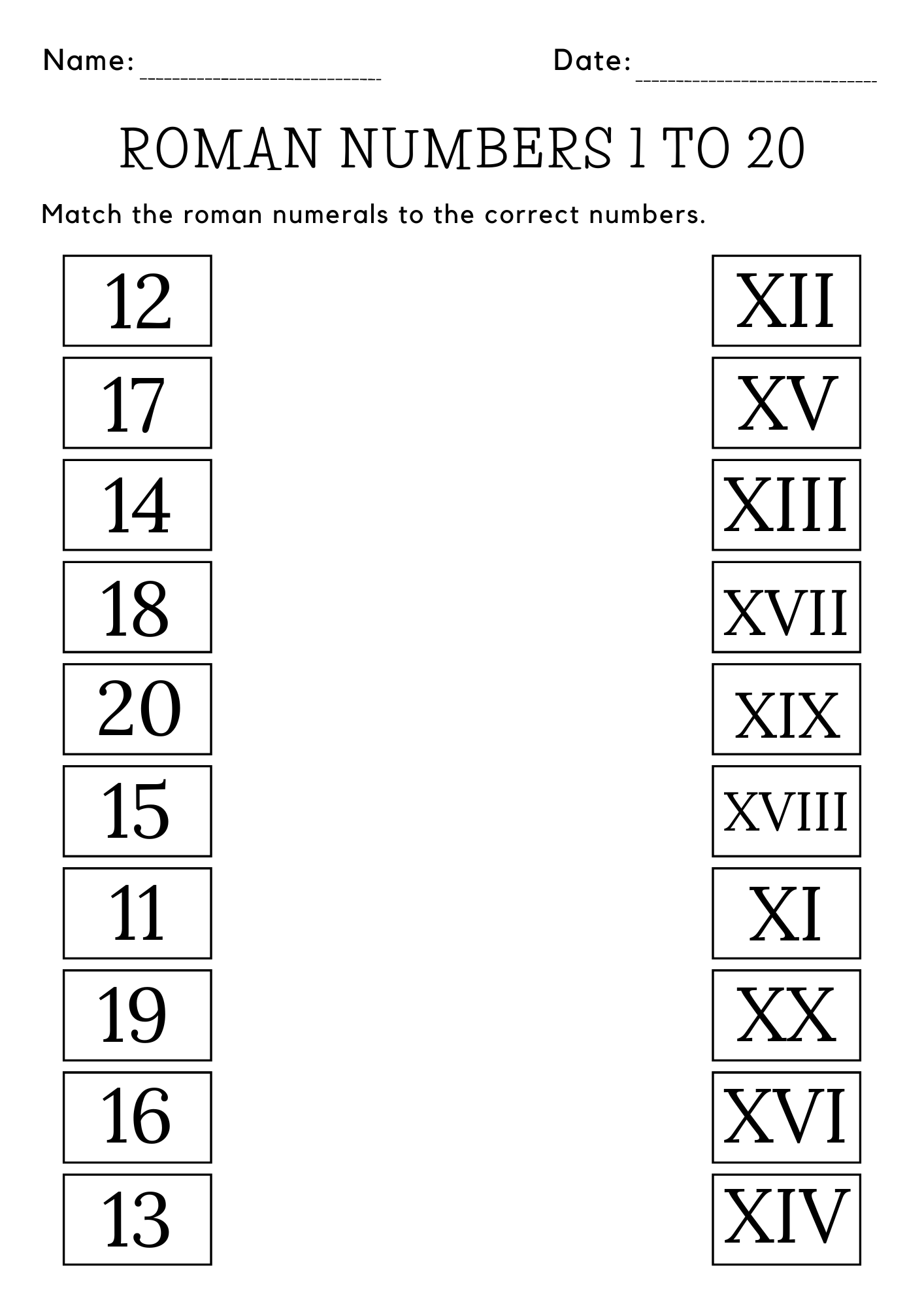 Printable Practice Roman Numbers 1 To 20 Worksheet Matching Roman Printable Practice Roman Numbers 1 To 20 Worksheet Matching Roman