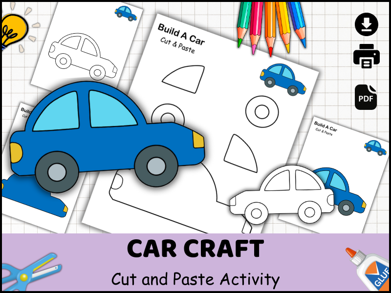 Car Craft for Kids, Vehicle Cut and Paste Activity, Preschool Coloring ...