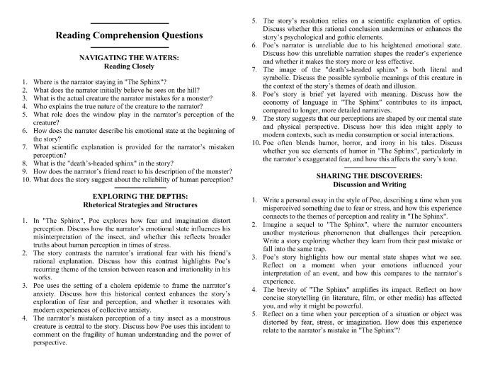 The Sphinx by Edgar Allan Poe with Reading Comprehension Questions ...