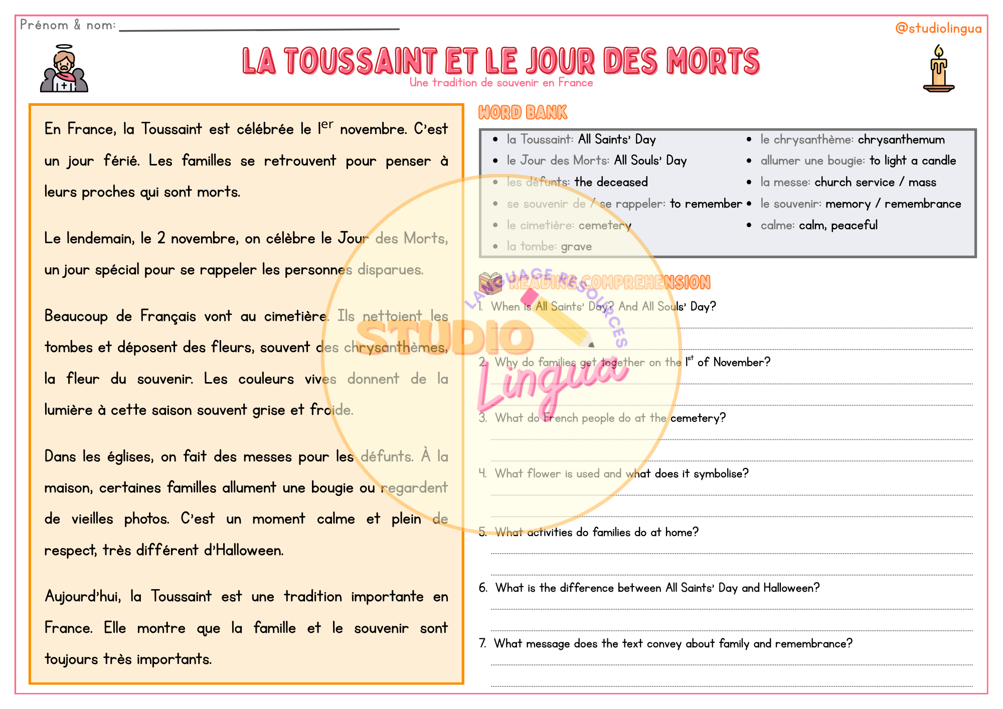 La Toussaint Reading Task | National 5 / GCSE French | Halloween Tasks | Printable PDF ...