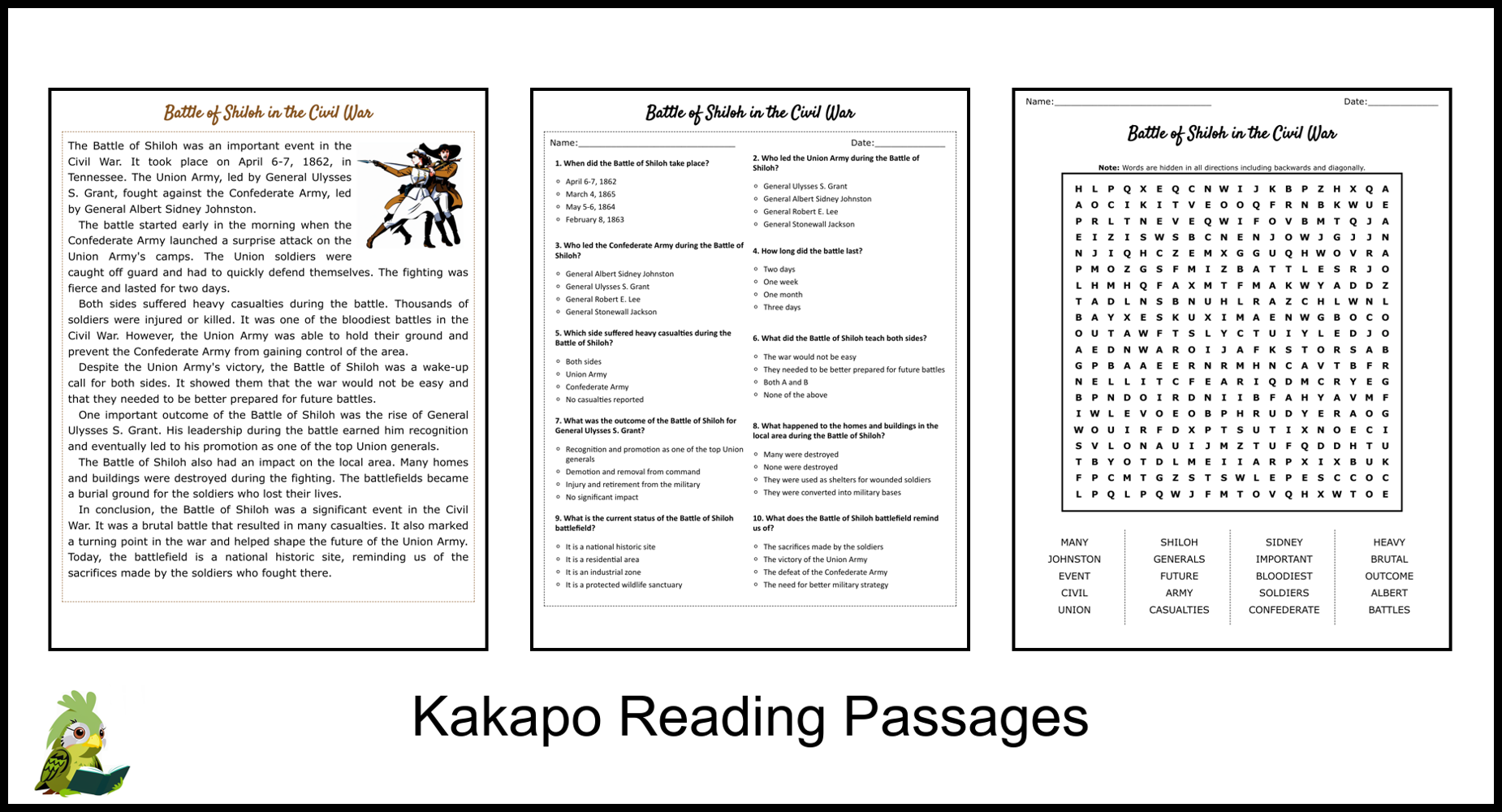 Battle of Shiloh in the Civil War Reading Comprehension and Word Search ...