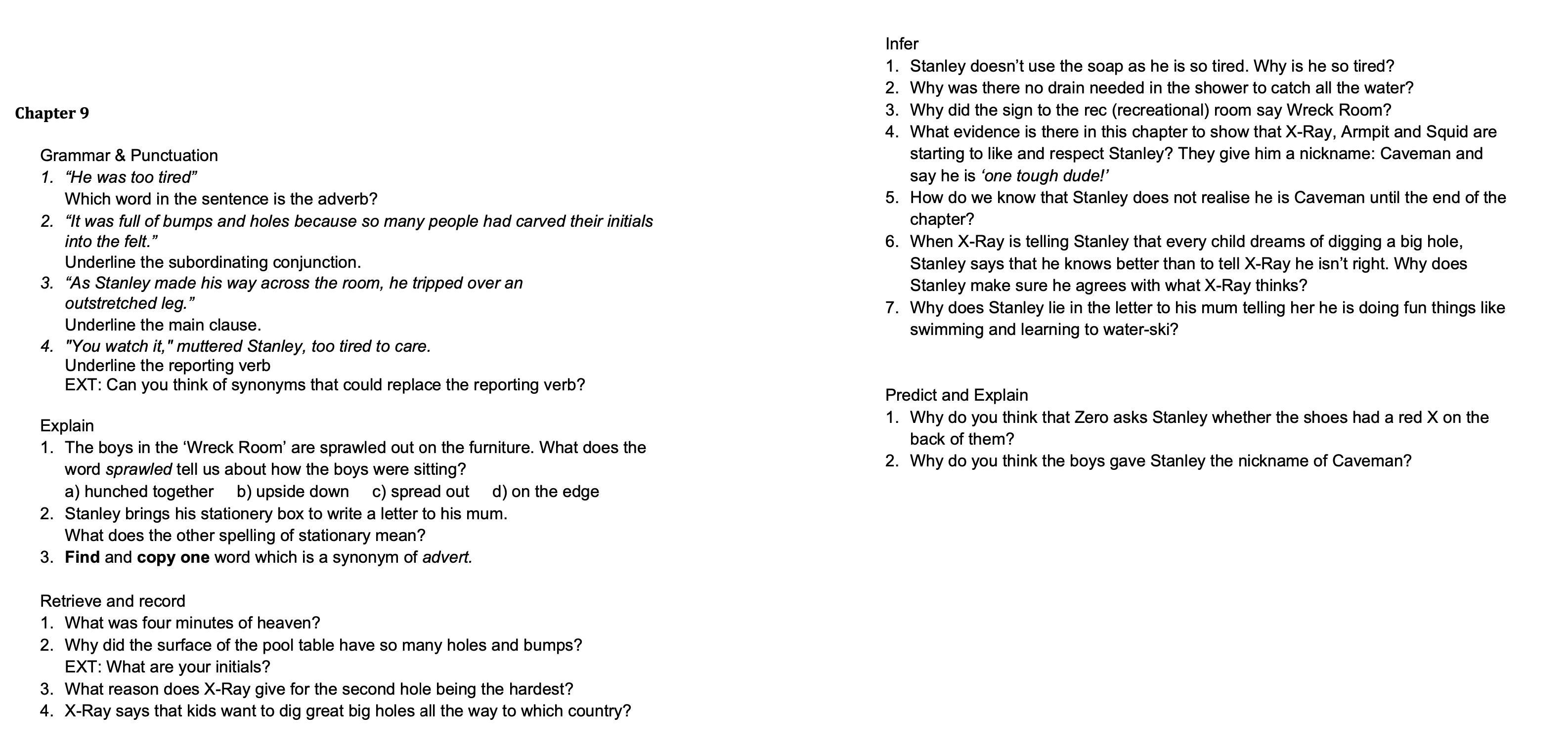 Holes Reading Comprehension Questions and Answers (every chapter ...