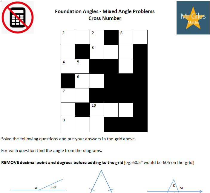 Foundation Angles - Mixed Angle Problems Cross Number | Teaching Resources