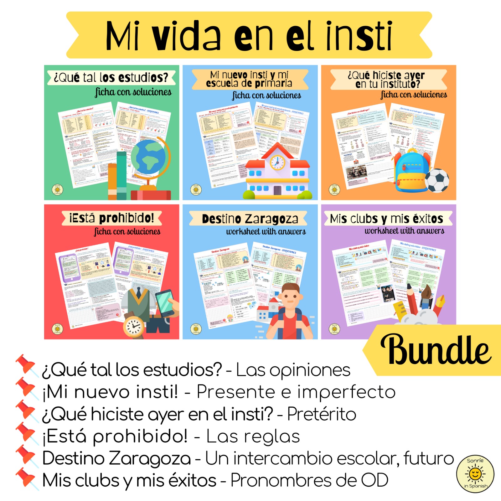 Mi vida en el insti. Pack de fichas con soluciones sobre el tema del ...