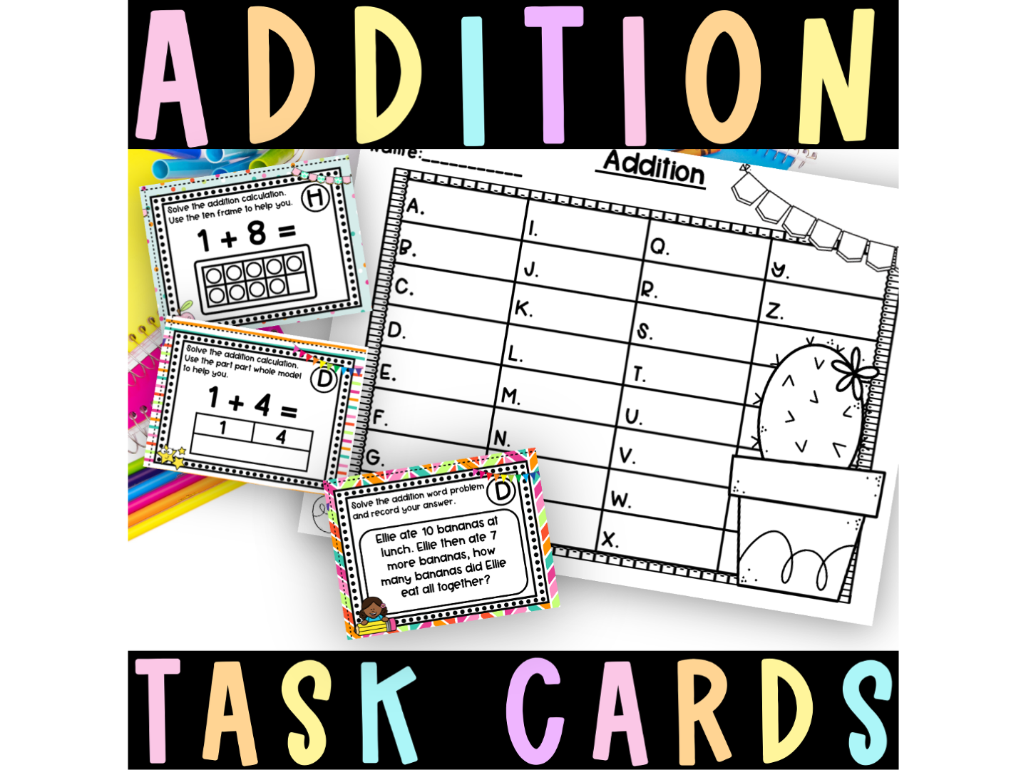 Addition Task Cards Bundle Number Line Ten Frames Part Part Whole Word 