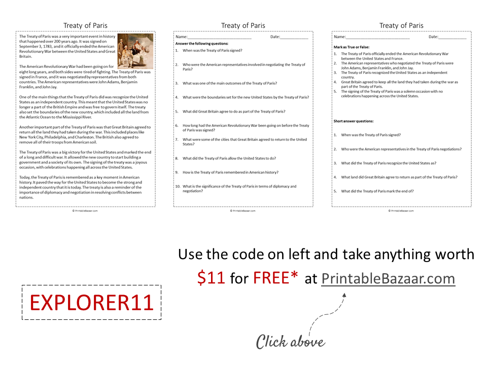 Treaty of Paris Reading Comprehension Passage Printable Worksheet ...