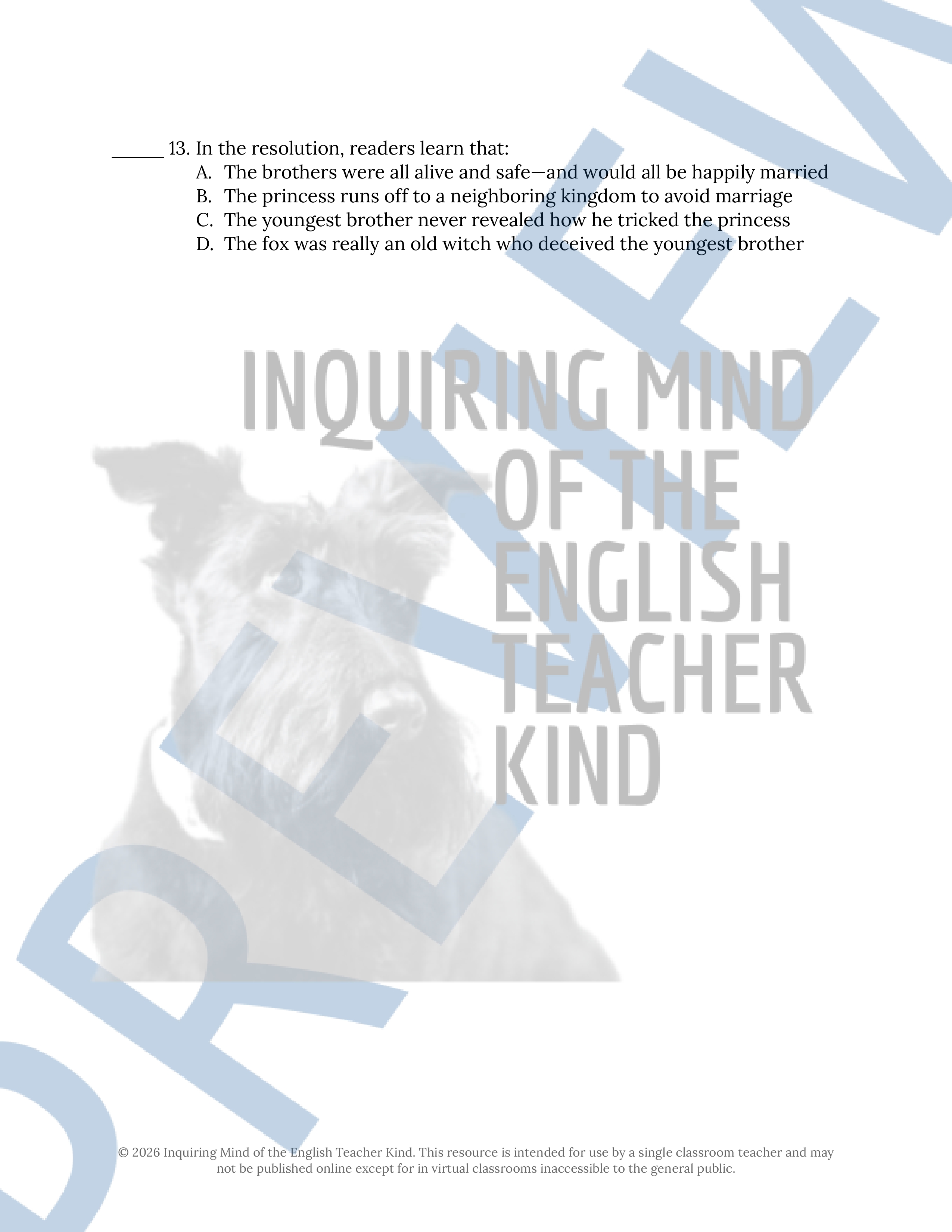 "The Sea Hare" Quiz and Answer Key | Grimm's Fairy Tale Assessment ...