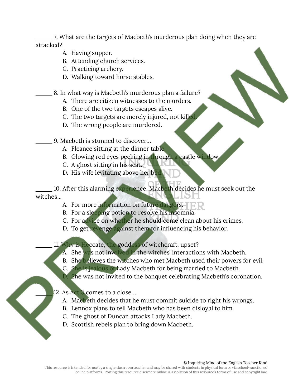 Macbeth Act 3 Quiz and Answer Key | Teaching Resources