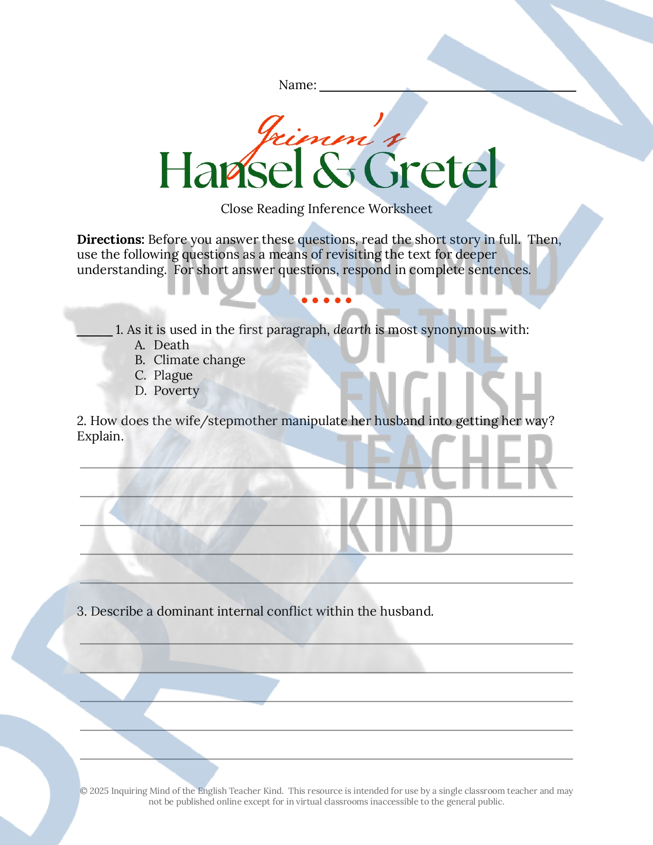 “Hansel and Gretel” Close Reading Analysis Worksheet (Grimm's Fairy ...
