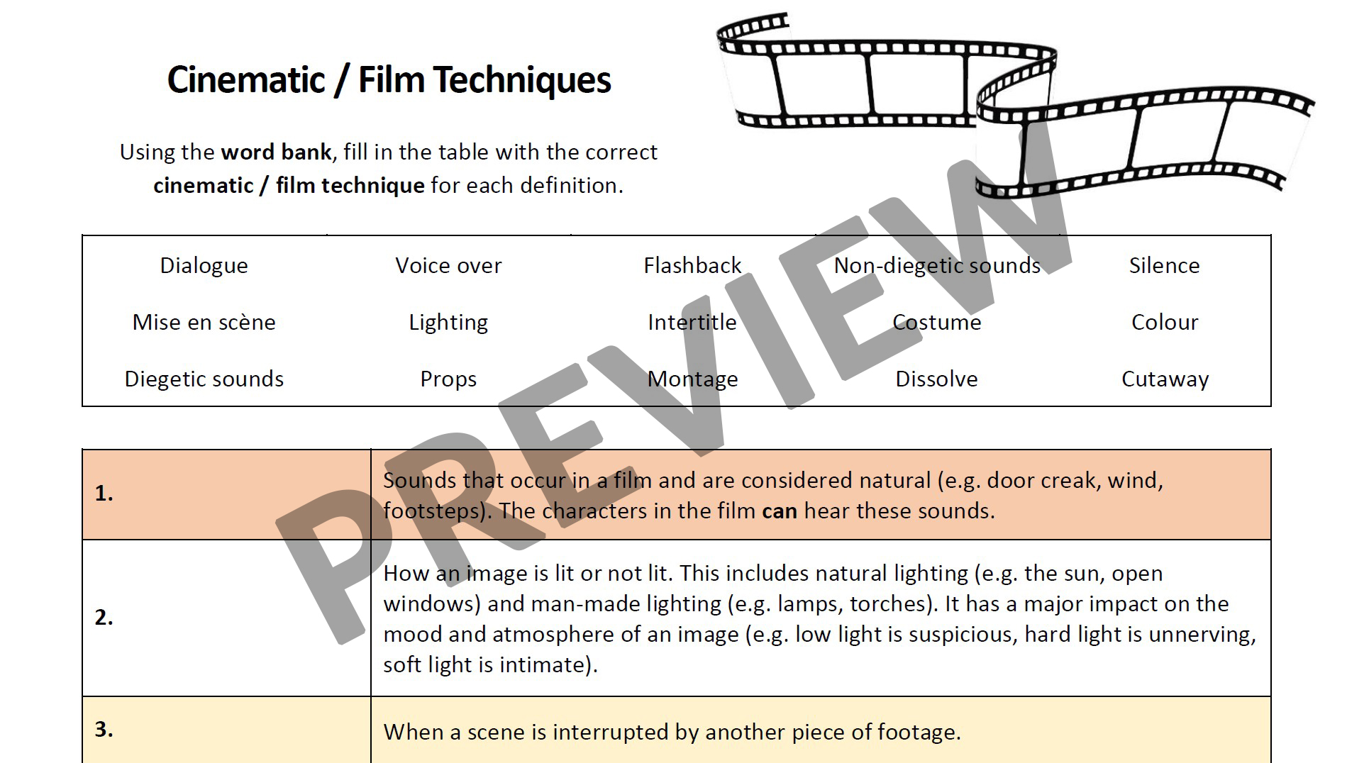 Cinematic Film Techniques Worksheet | Teaching Resources