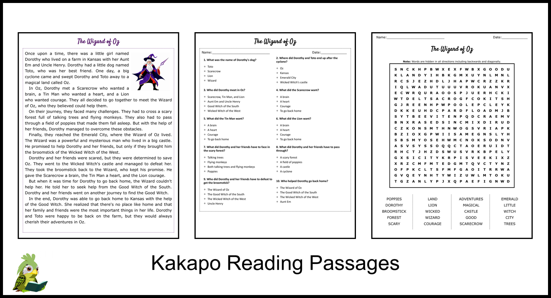 The Wizard of Oz Reading Comprehension and Word Search | Teaching Resources
