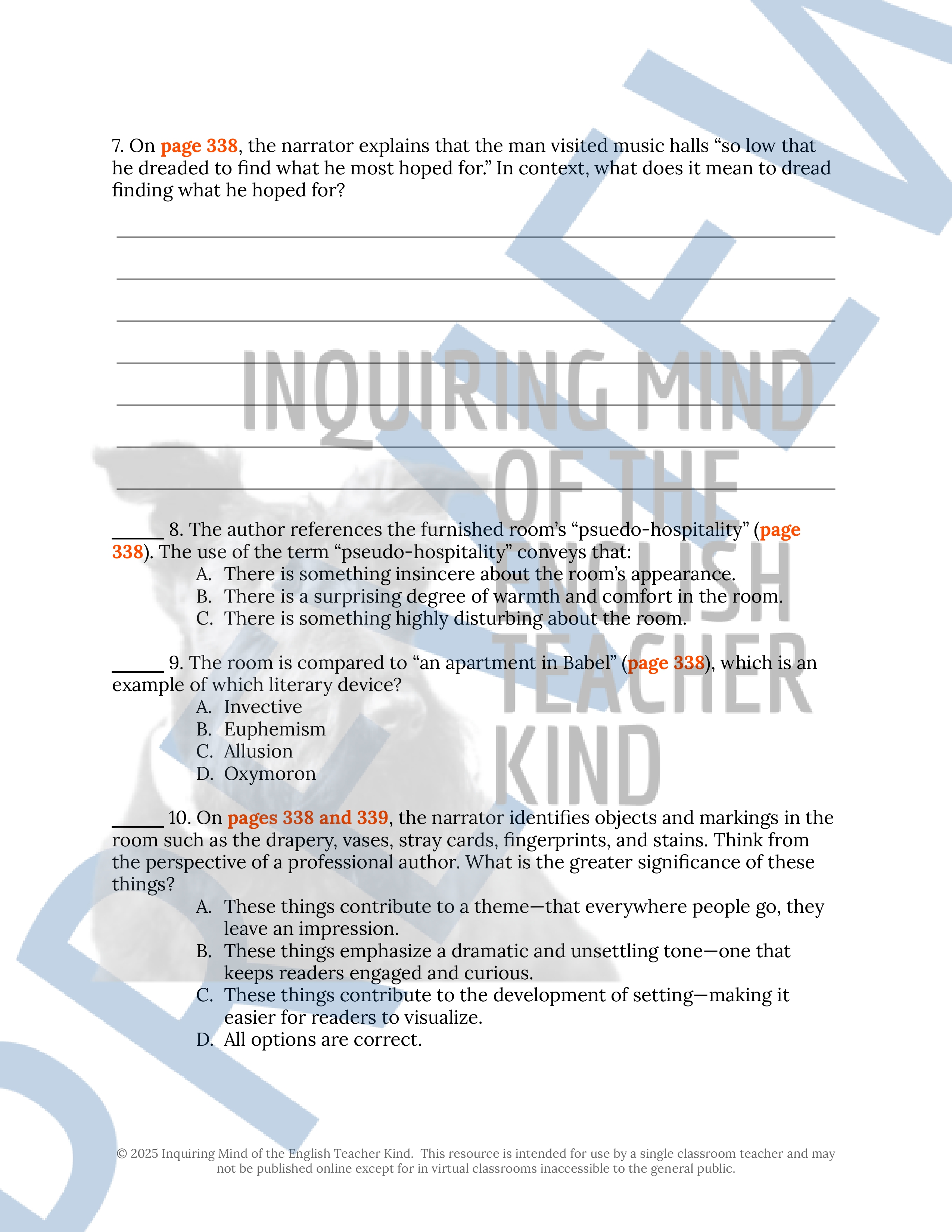 "The Furnished Room" by O. Henry Close Reading Analysis Worksheet and ...