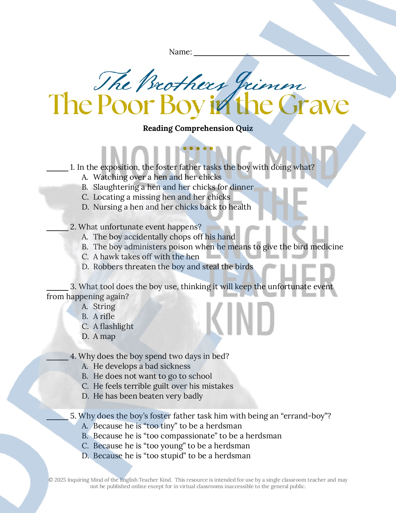 "The Poor Boy in the Grave" Quiz and Answer Key (Grimm's Fairy Tales ...