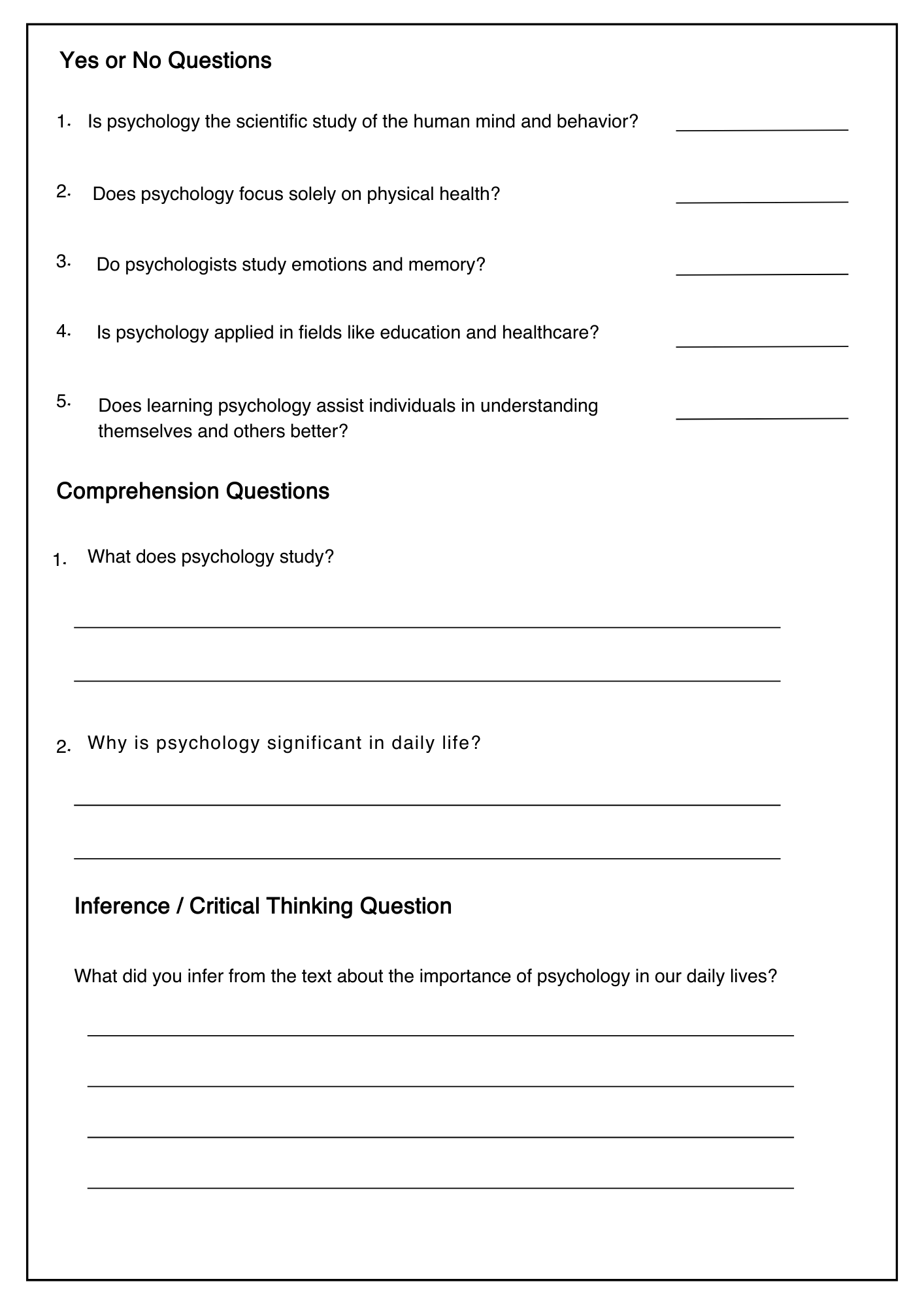 What Is Psychology Reading Comprehension Passages & Questions ...